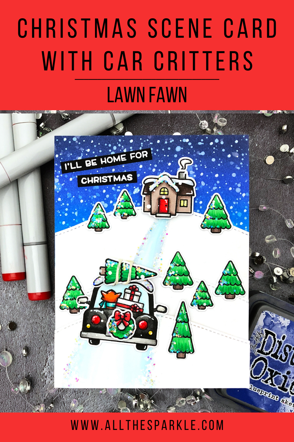 Christmas Scene Card with Car Critters - all the sparkle